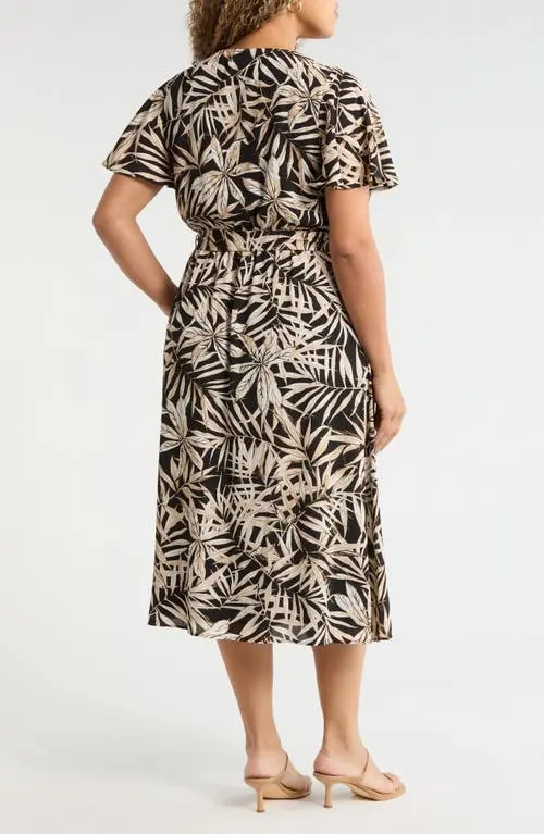 KASPER Leaf Print Flutter Sleeve Midi Dress