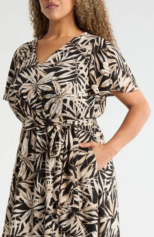KASPER Leaf Print Flutter Sleeve Midi Dress