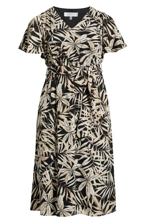 KASPER Leaf Print Flutter Sleeve Midi Dress