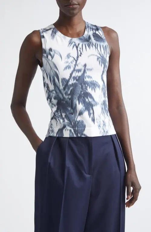 Oscar De La Renta Palm Leaf Print Sleeveless Crewneck Sweater - Navy/white