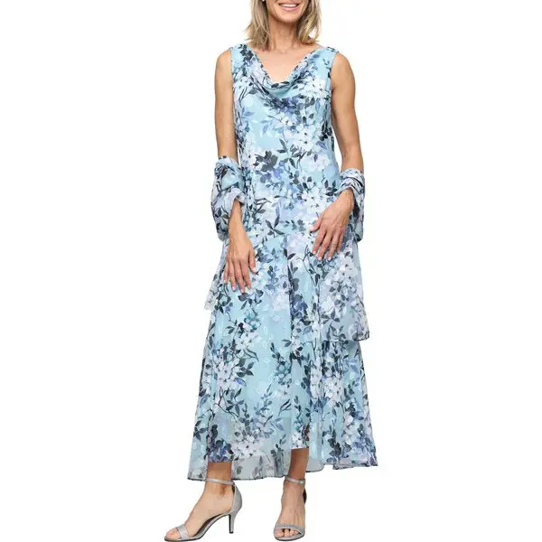 Alex Evenings Sleeveless Floral Print Burnout Chiffon Tea-length Dress With Shawl - Sage Multi