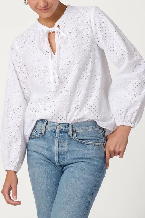 Shoshanna Classic Cotton Eyelet Tie Neck Blouse