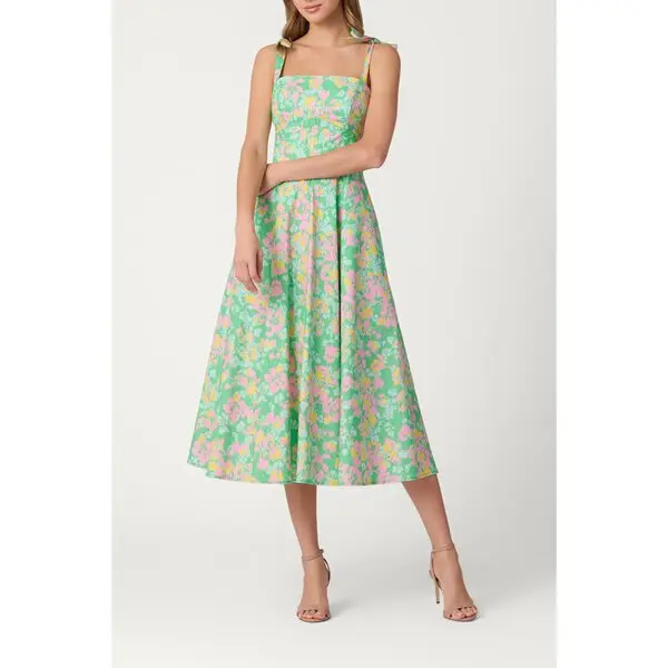 Shoshanna Bayberry Floral Majorelle Midi Dress - Bright Mint