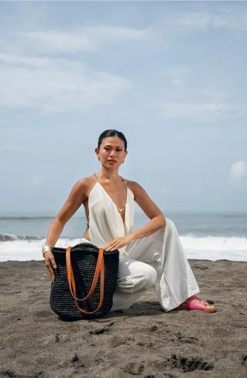 JELAVU Hamptons Raffia Tote - Black