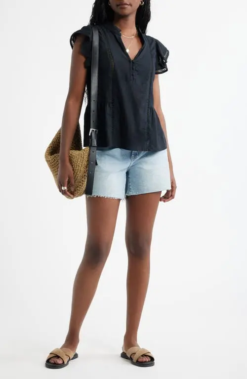 Caslon Ruffle Sleeve Lace Trim Popover Top - Black
