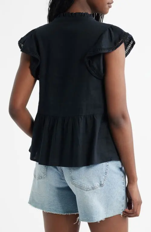 Caslon Ruffle Sleeve Lace Trim Popover Top - Black