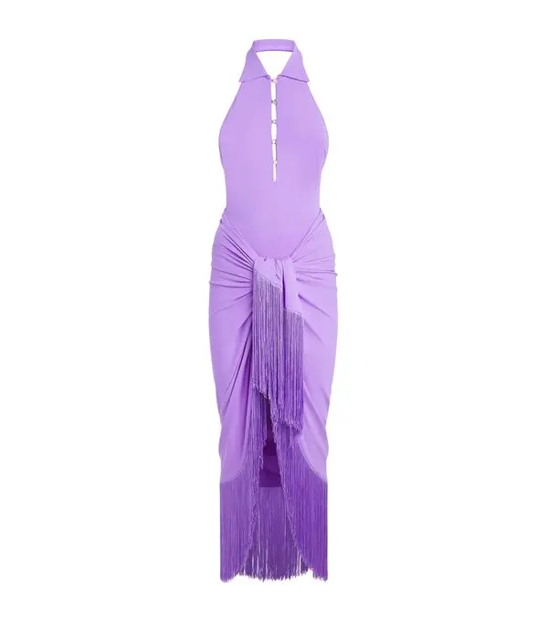 TALLER MARMO Grand Tropicana Halterneck Swimsuit And Fringed Pareo Set - Purple
