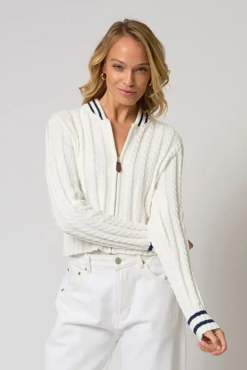 Central Park West Cable Knit Zip-up Bomber Sweater