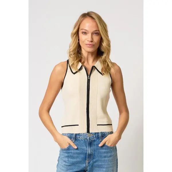 Central Park West Cora Zip Up Polo Knit Top - Flax