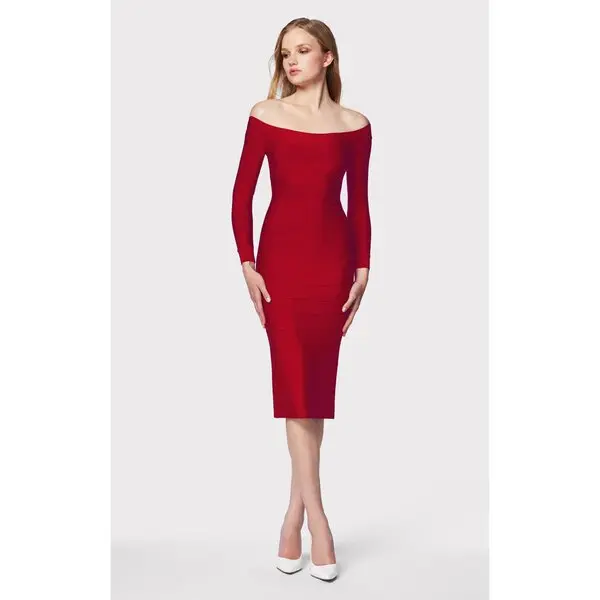 Herve Leger Icon Scoop Neck Midi Dress - Cherry