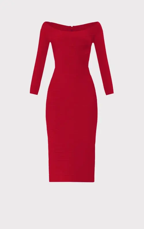 Herve Leger Icon Scoop Neck Midi Dress - Cherry