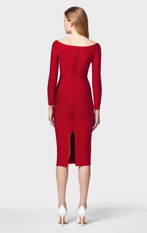 Herve Leger Icon Scoop Neck Midi Dress - Cherry