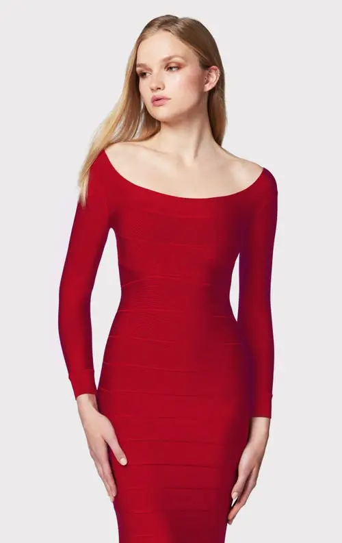 Herve Leger Icon Scoop Neck Midi Dress - Cherry