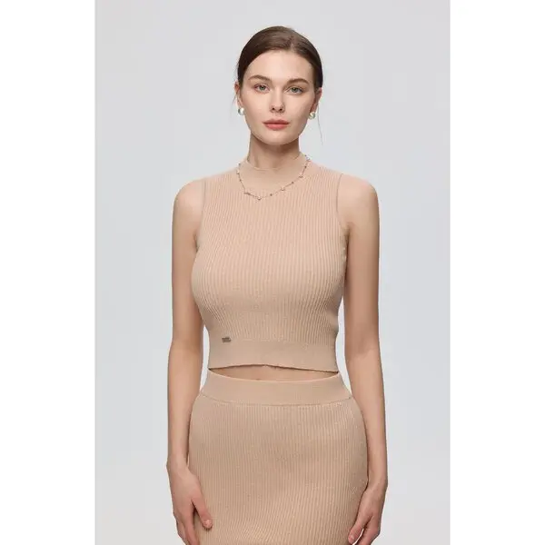 JUANA Sera Rib Knit Mock Neck Tank - Tan