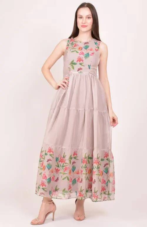 RAAS Floral Organza Tiered Maxi Dress