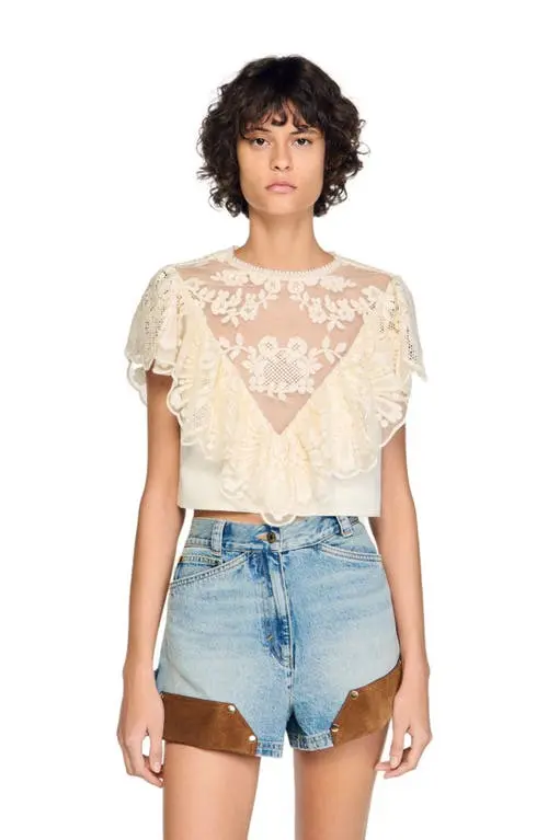 Sandro Floral Guipure Lace Crop Top - Vanilla