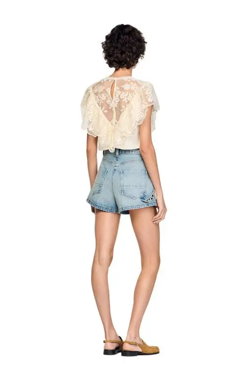 Sandro Floral Guipure Lace Crop Top - Vanilla