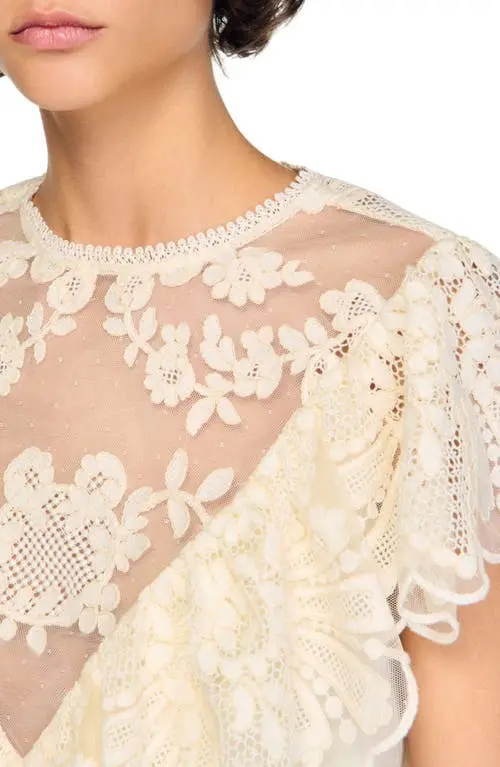 Sandro Floral Guipure Lace Crop Top - Vanilla