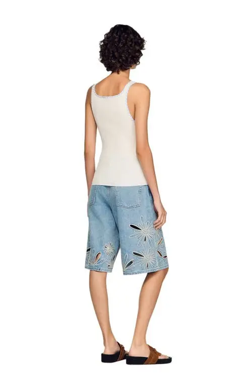 Sandro Ribbed Knit Vest Top With Striped Trim