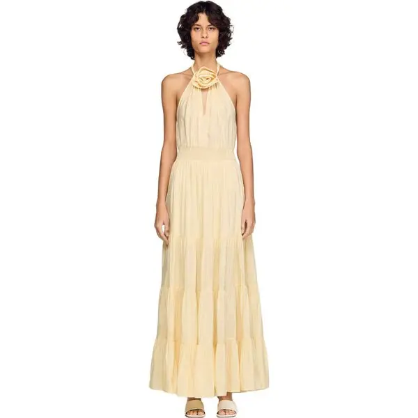 Sandro Linen Maxi Dress With Fabric Flower Detail - Vanilla
