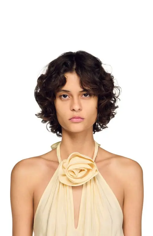 Sandro Linen Maxi Dress With Fabric Flower Detail - Vanilla