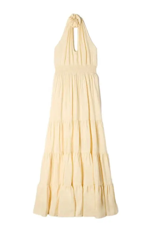 Sandro Linen Maxi Dress With Fabric Flower Detail - Vanilla