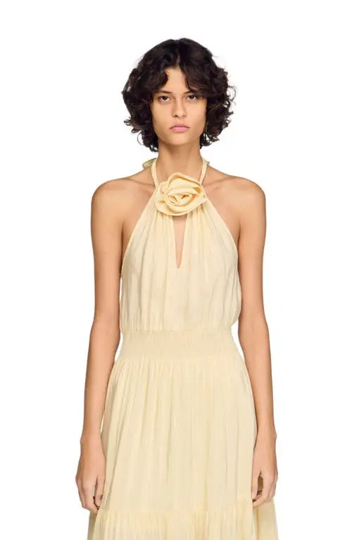 Sandro Linen Maxi Dress With Fabric Flower Detail - Vanilla