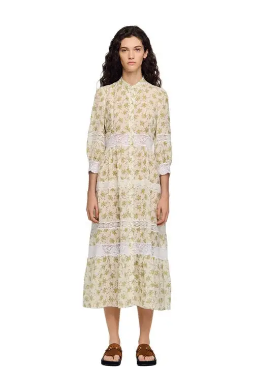 Sandro Floral Lace Trim Maxi Dress