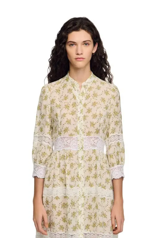Sandro Floral Lace Trim Maxi Dress