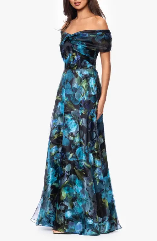Betsy & Adam Off-the-shoulder Floral Print Organza Gown