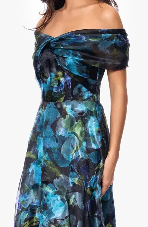 Betsy & Adam Off-the-shoulder Floral Print Organza Gown