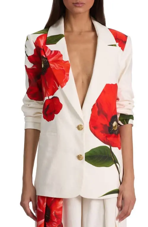 Alice + Olivia Elna Poppy Print Long Blazer - Summer Poppy