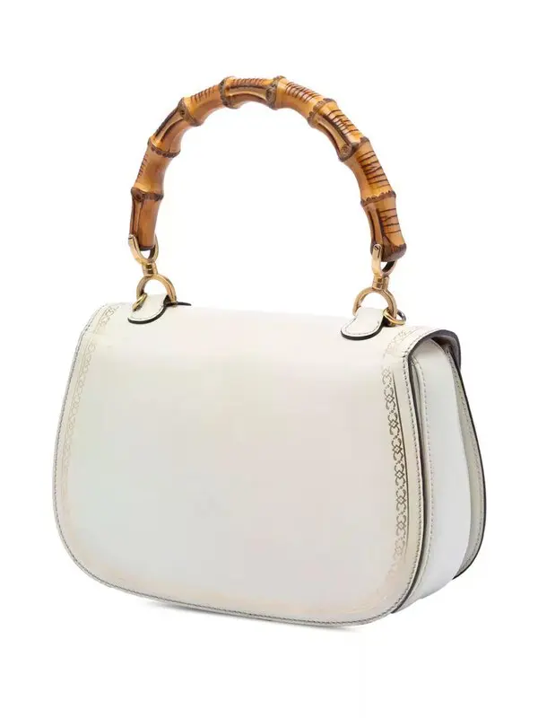 Gucci Calfskin Frame Print Bamboo Top Handle Bag Satchel - White