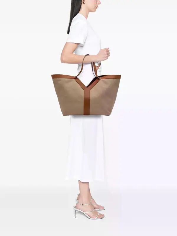 Saint Laurent Canvas Y Tote Bag With Leather Trim - Brown