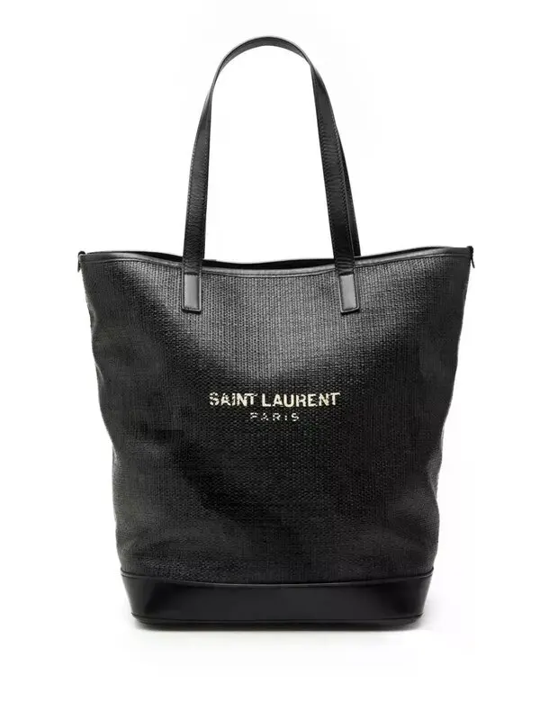 Saint Laurent Raffia Teddy Shopping Tote Bag - Black
