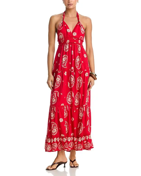 Aqua Paisley Print Halter Maxi Dress - Red/ivory