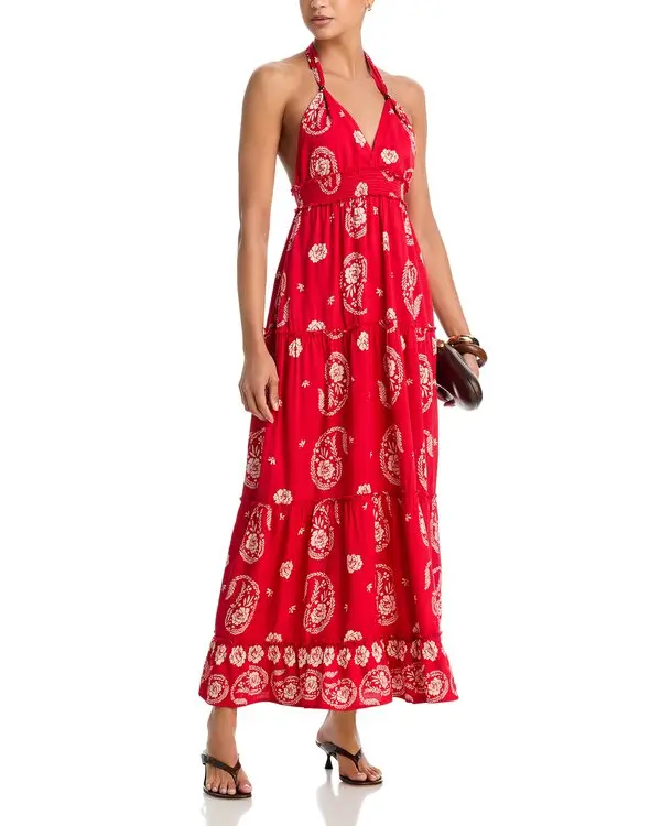 Aqua Paisley Print Halter Maxi Dress