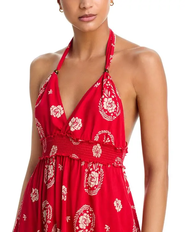 Aqua Paisley Print Halter Maxi Dress