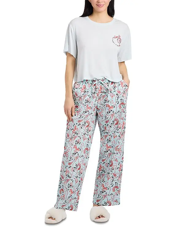 NICK & NORA Dream Wave Moon Brooch Crop Sleep Tee And Pants Set - Aqua