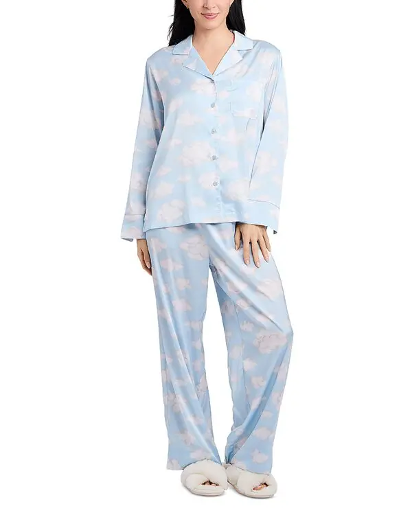 NICK & NORA Dream Wave Satin Long Sleeve Pajama Set - Blue