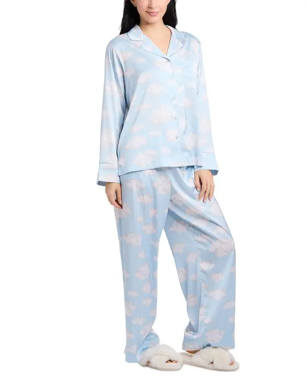 NICK & NORA Dream Wave Satin Long Sleeve Pajama Set - Blue