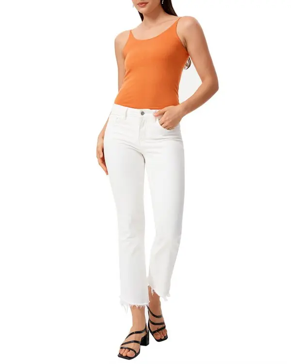 BAYEAS Mid Rise Cropped Bootcut Denim Jeans With Stepped Frayed Hem - White