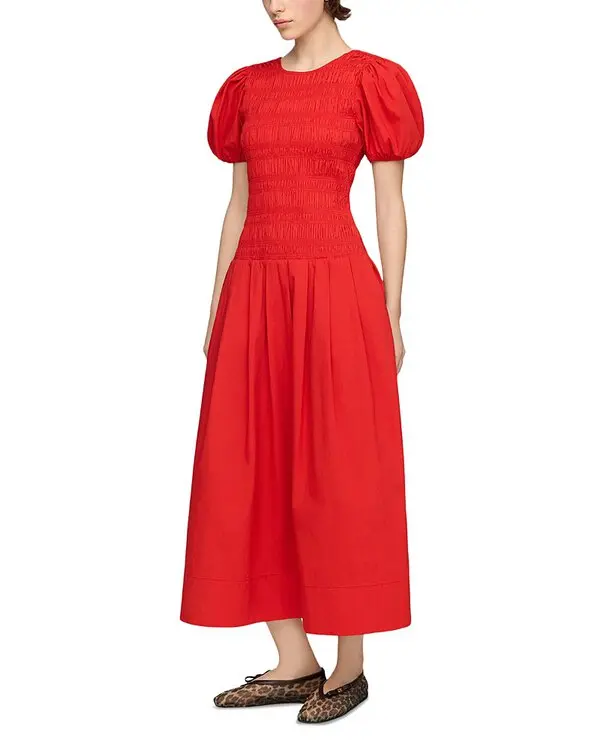 GANNI Smocked Cotton Dress With Puff Sleeves - Goji Berry