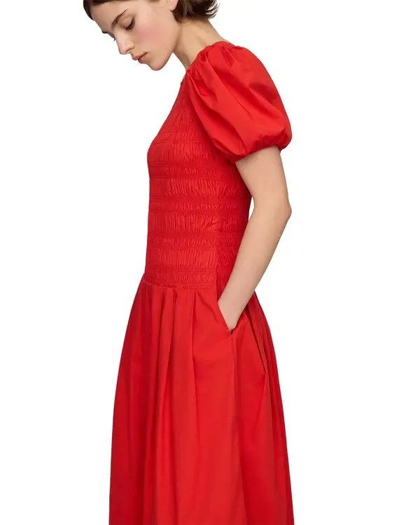 GANNI Smocked Cotton Dress With Puff Sleeves - Goji Berry