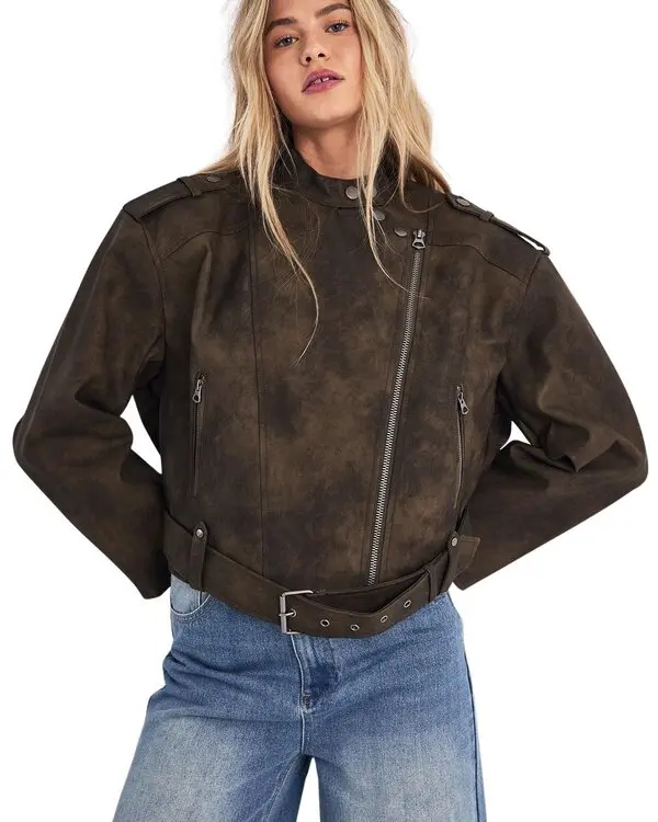 Nasty Gal Cropped Biker Jacket With Belt Detail