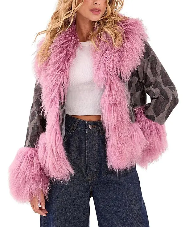 Nasty Gal Printed Shearling Leather Jacket - Charcoal