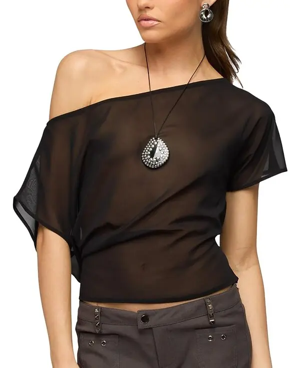 EDIKTED Sheer Chiffon Off Shoulder Top - Black
