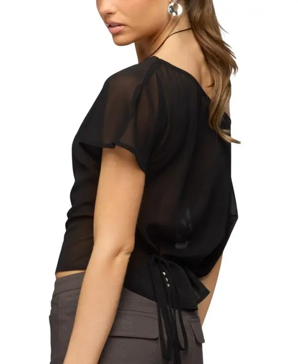 EDIKTED Sheer Chiffon Off Shoulder Top - Black