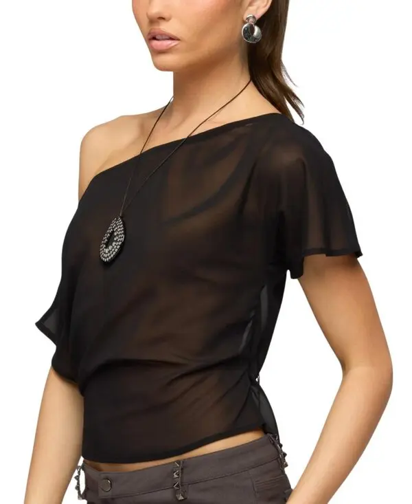 EDIKTED Sheer Chiffon Off Shoulder Top - Black