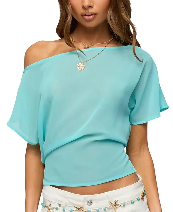 EDIKTED Sheer Chiffon Off Shoulder Top - Turquoise